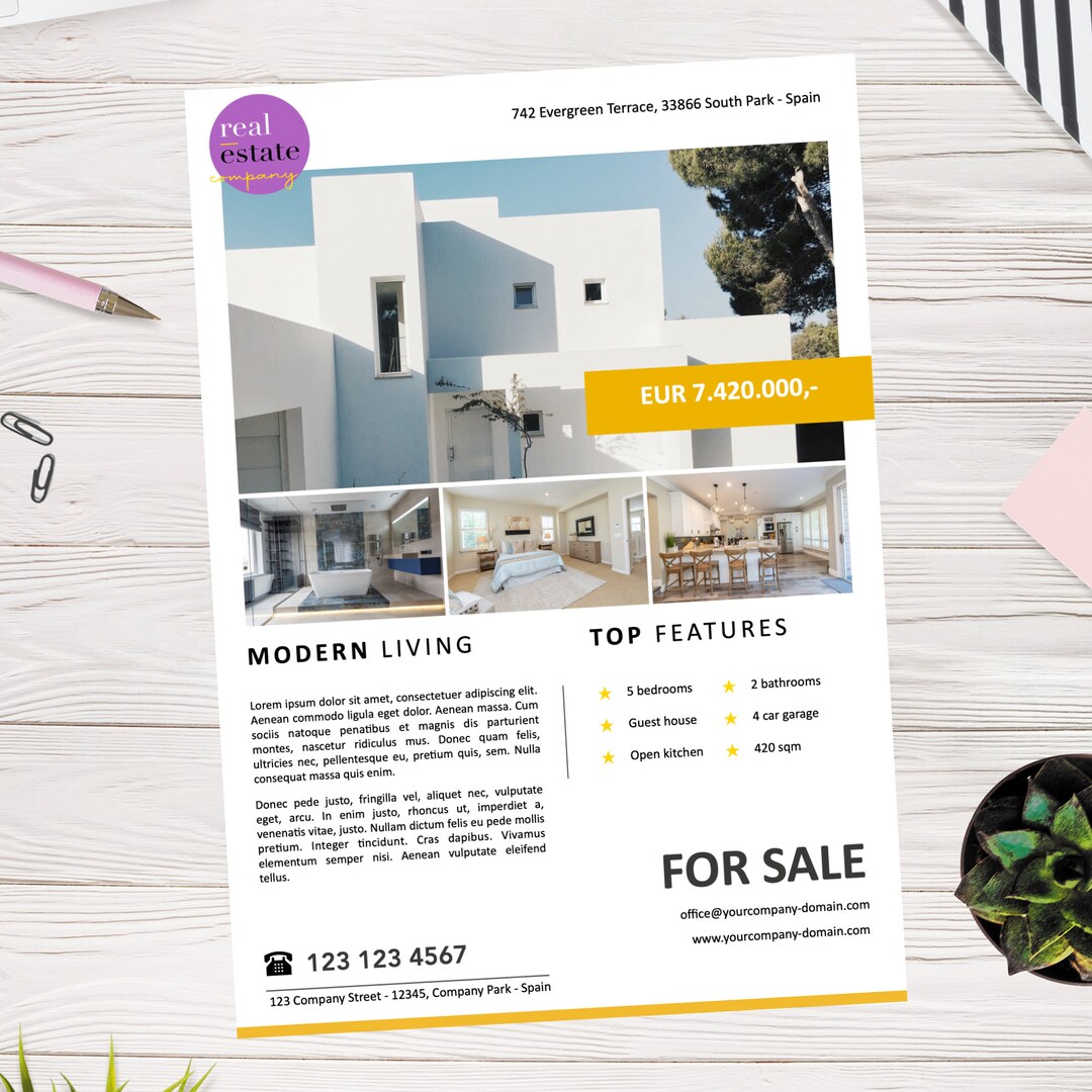 1 Page Real Estate Factsheet Flyer Template / Expose, WORD and PAGES File Format Editable ...