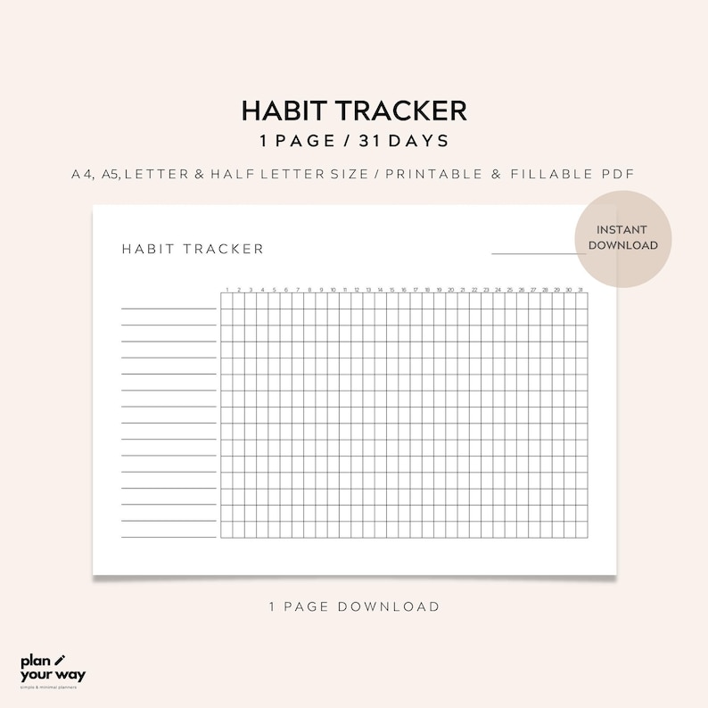 Monthly Habit Tracker, Printable Habit Chart, Goal Tracking Worksheet ...