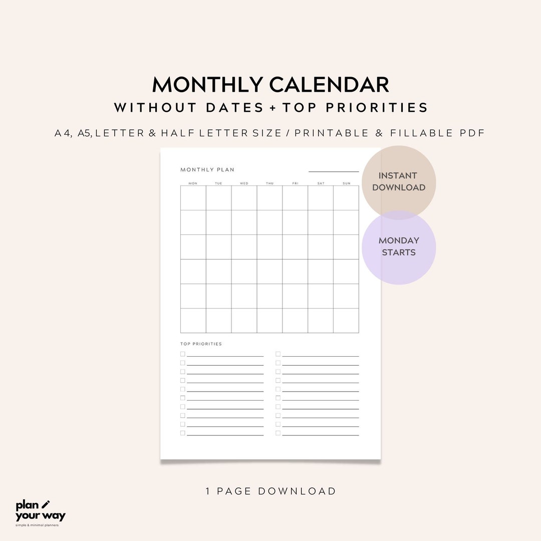 2023 Monthly Calendar Template, Monthly Calendar With Top Priorities ...