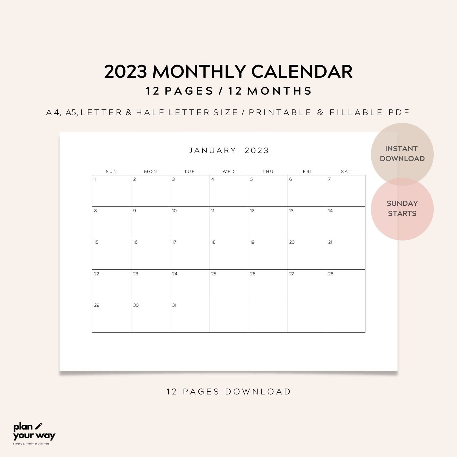 Monthly Landscape Calendar 2023, Monthly Printable Planner, Sunday ...