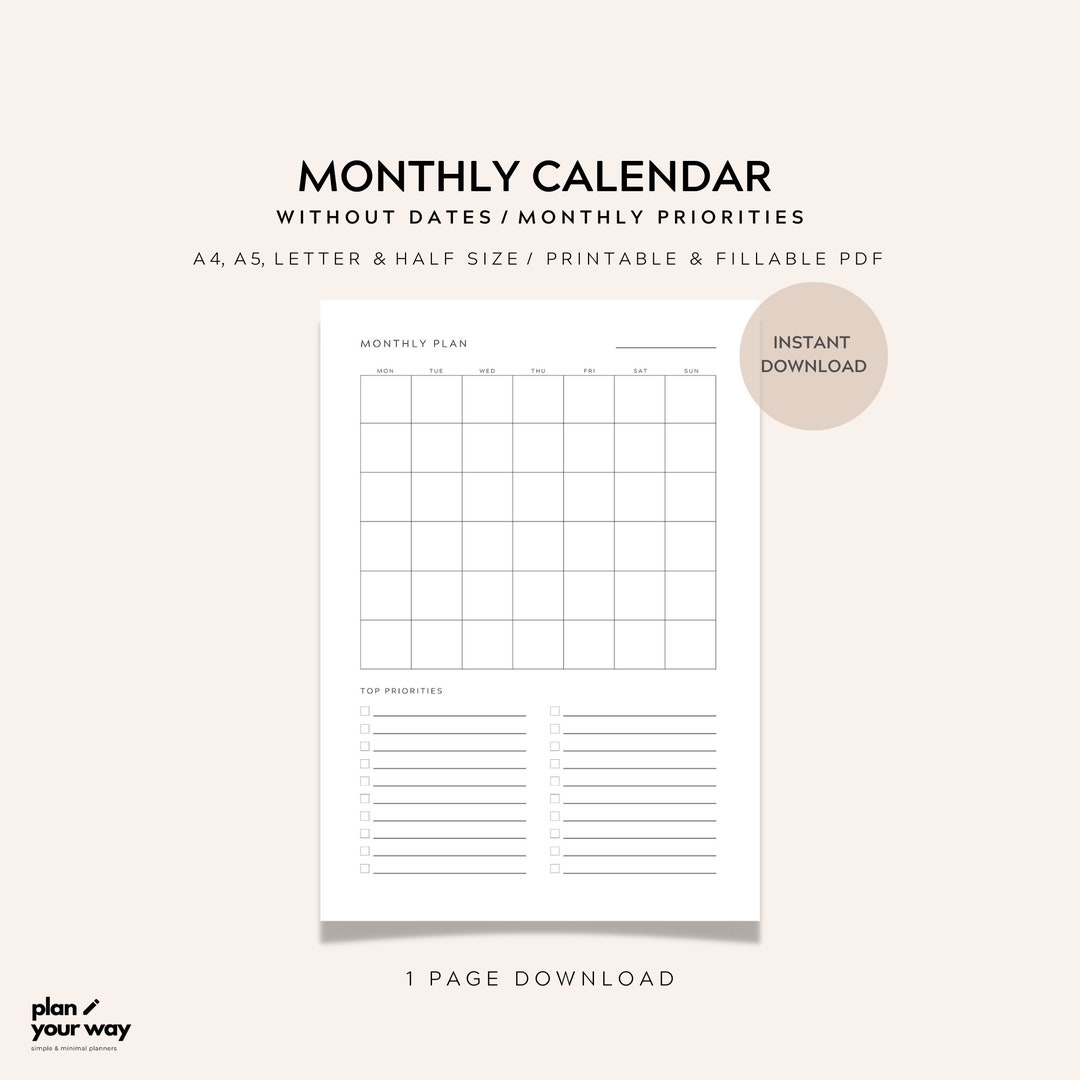 Monthly Calendar With Priorities, Printable Monthly Planner, Task ...
