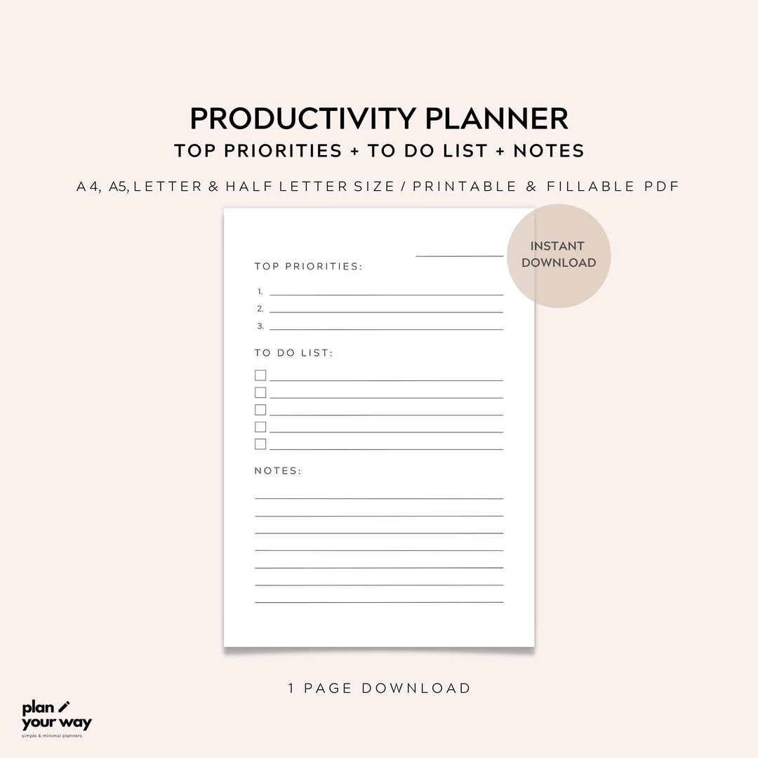 Productivity Planner PRINTABLE to Do List Priorities Notes Memos Work ...