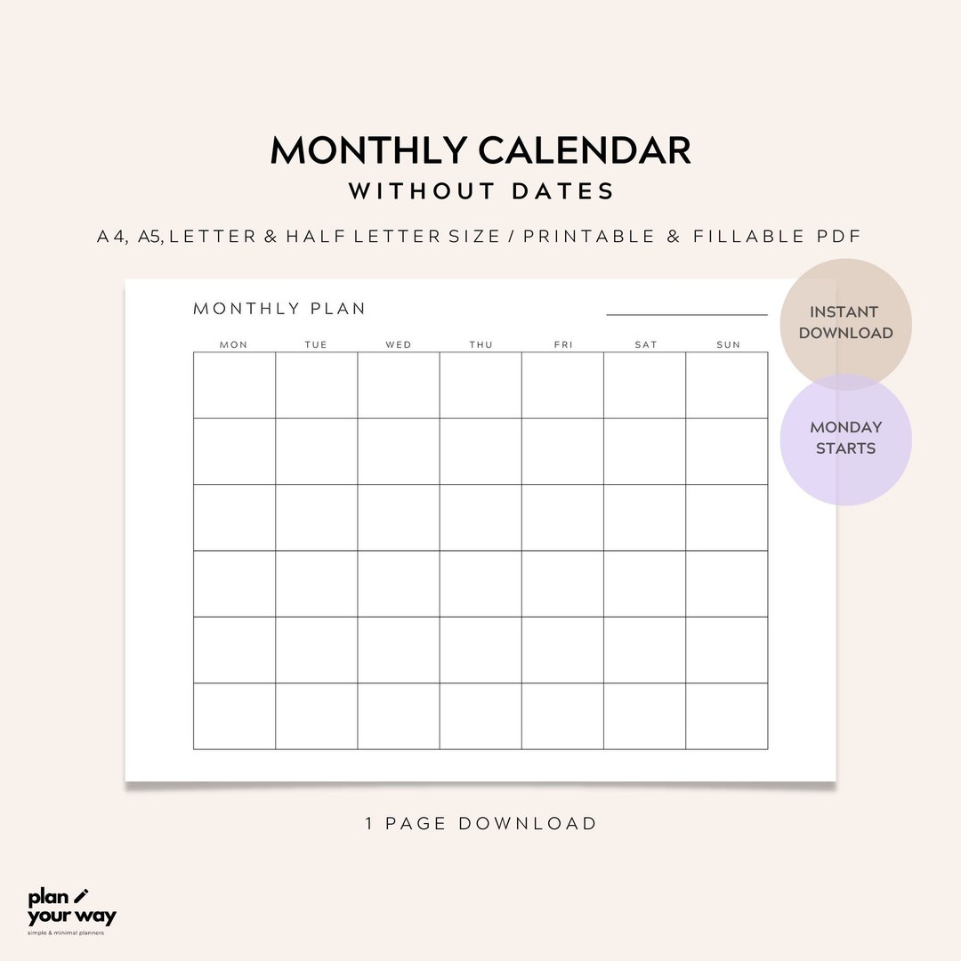 Monthly Calendar Planner, Printable Monthly Organizer, Home Office Wall ...