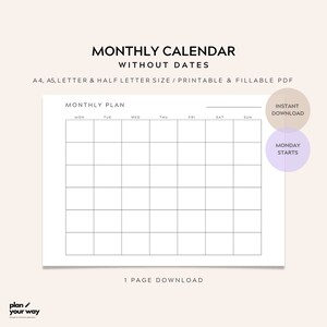 Monthly Calendar Planner, Printable Monthly Organizer, Home Office Wall ...
