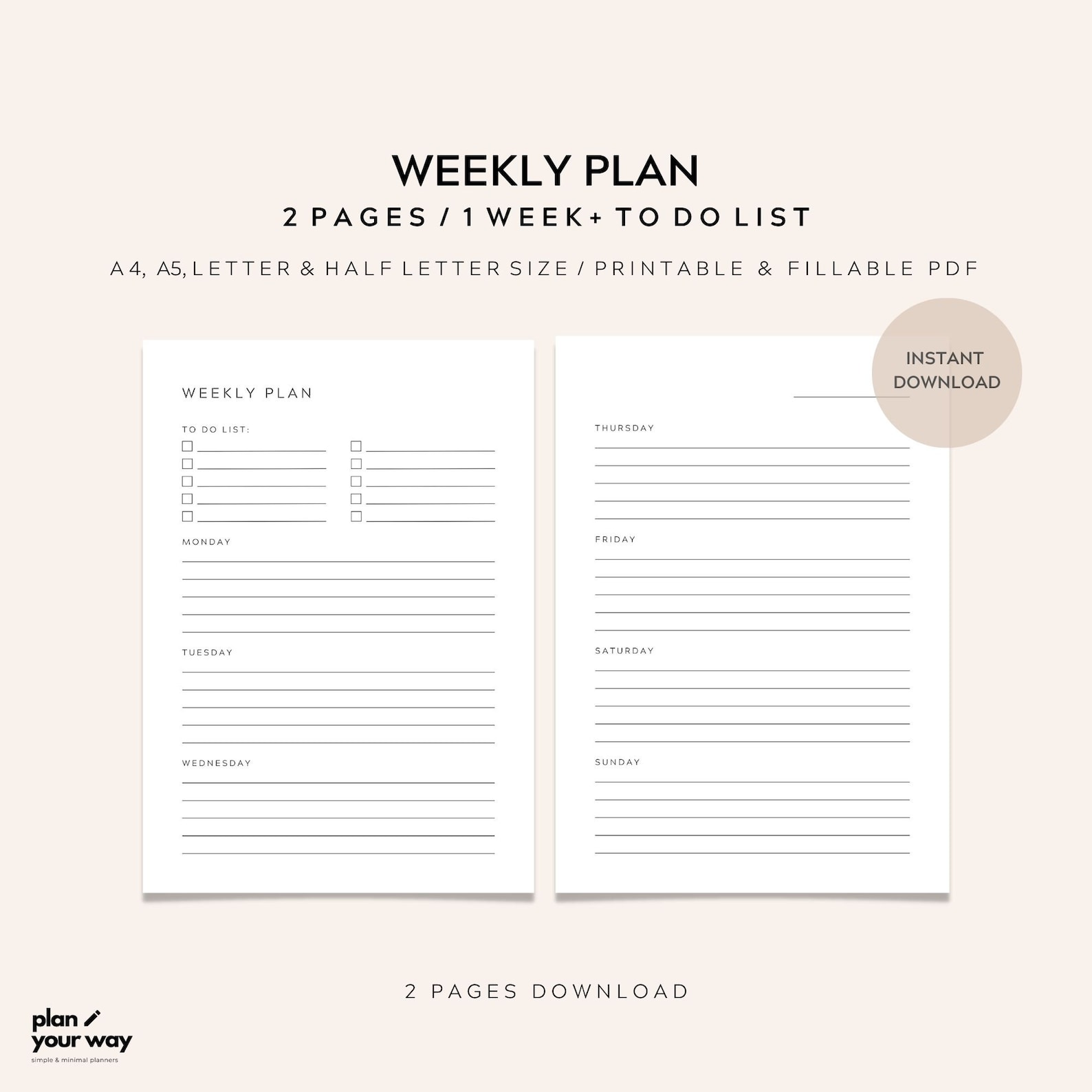 Printable Weekly Planner on 2 Pages With Daily To-do List, Customizable ...