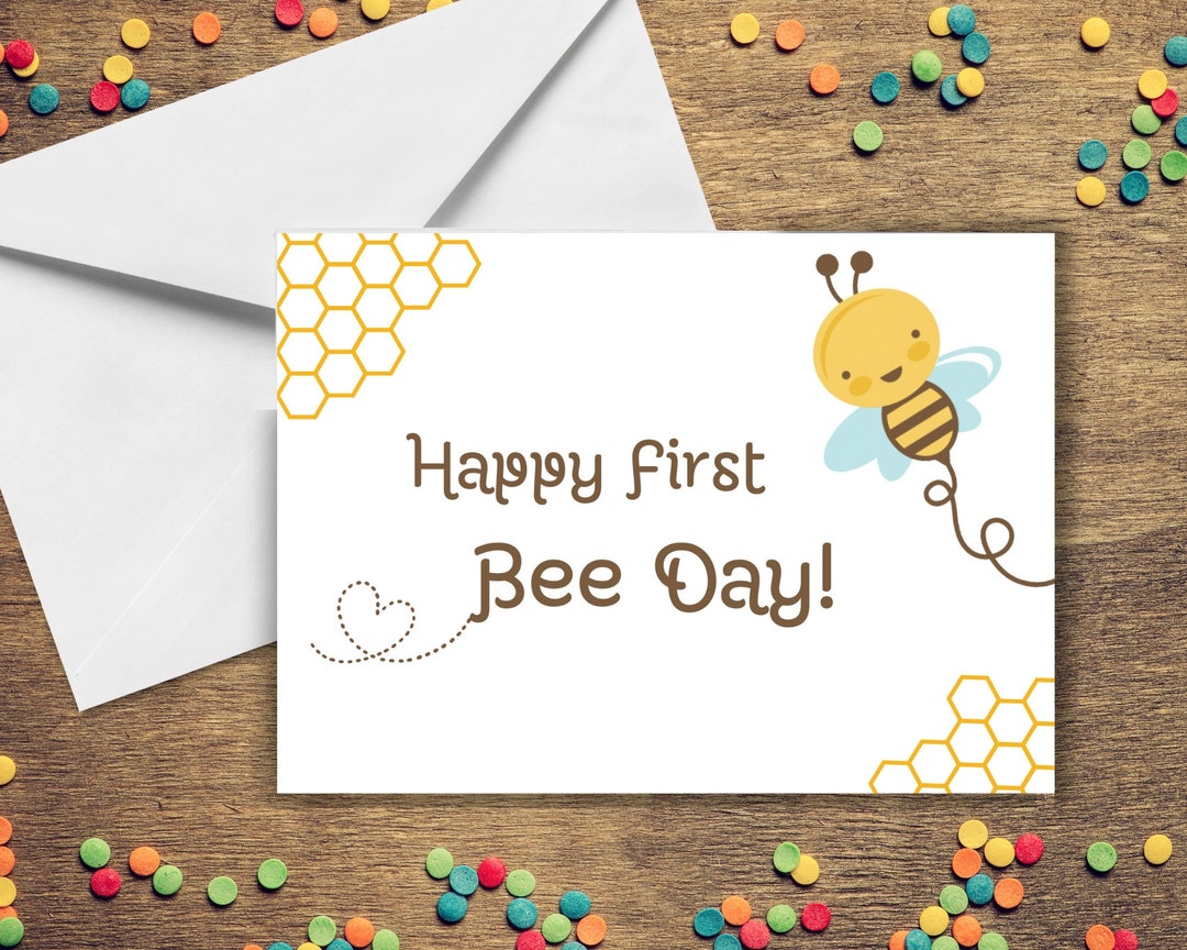 Printable First 1st Happy Birthday Card for One Year Old, First Bee Day ...