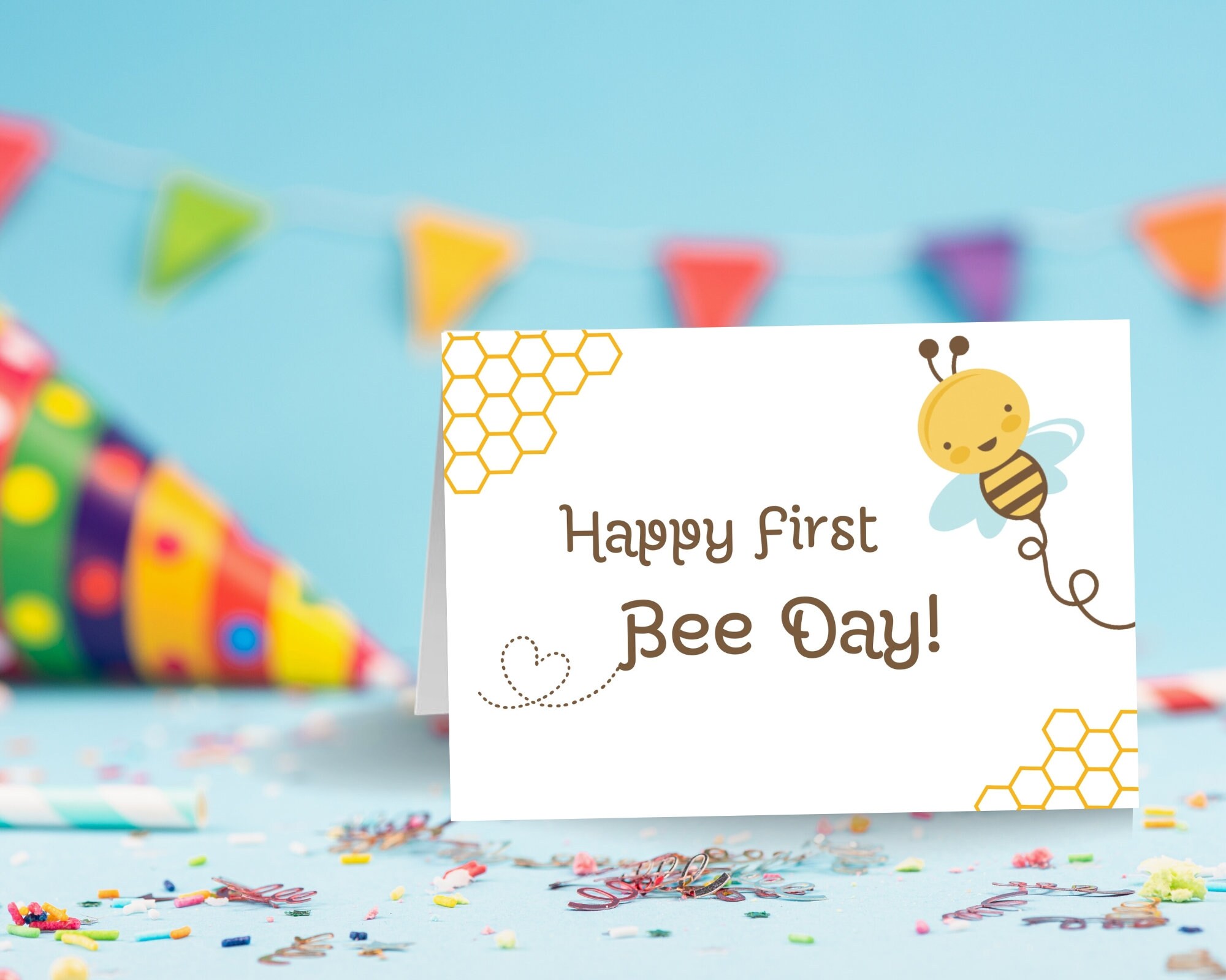 Printable First 1st Happy Birthday Card for One Year Old, First Bee Day ...