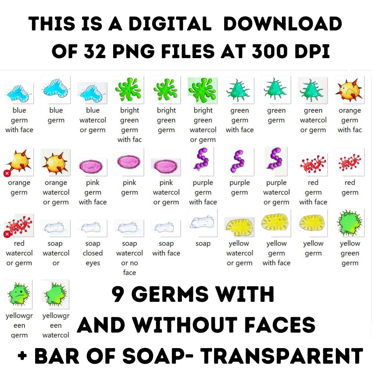 Watercolor Germ Clipart, Virus, Bacteria, PNG Files, 300dpi Resolution ...
