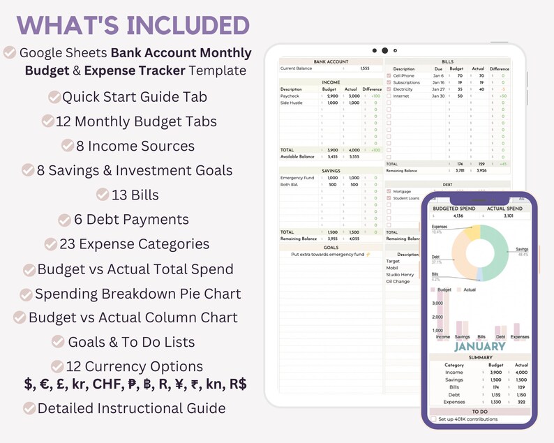 Monthly BANK ACCOUNT Budget Expense Tracker Google Sheets Spreadsheet ...