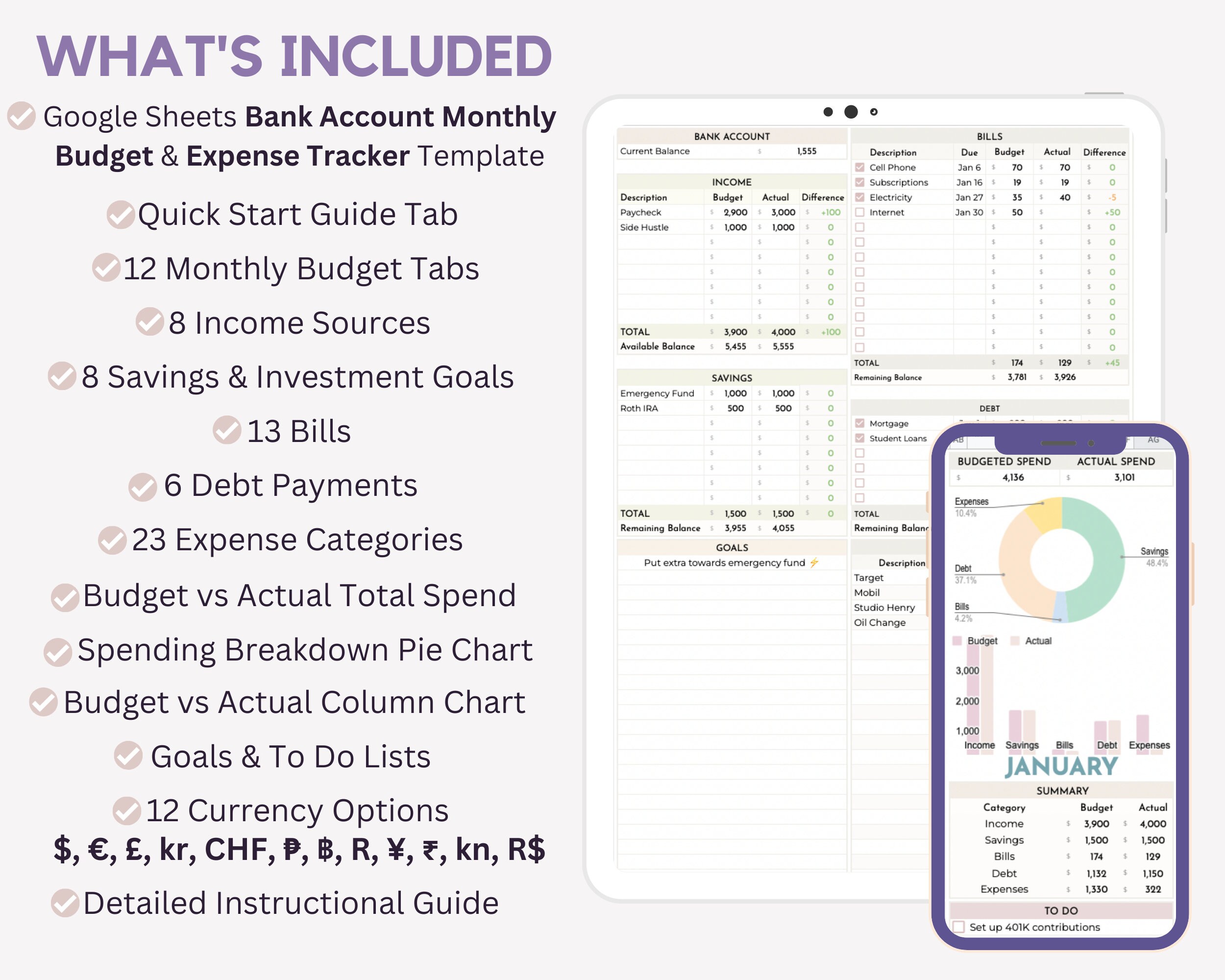 Monthly BANK ACCOUNT Budget Expense Tracker Google Sheets Spreadsheet ...