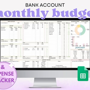 Monthly BANK ACCOUNT Budget Expense Tracker Google Sheets Spreadsheet ...