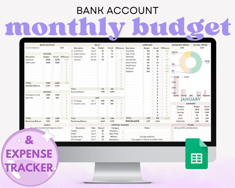 Monthly BANK ACCOUNT Budget Expense Tracker Google Sheets Spreadsheet ...
