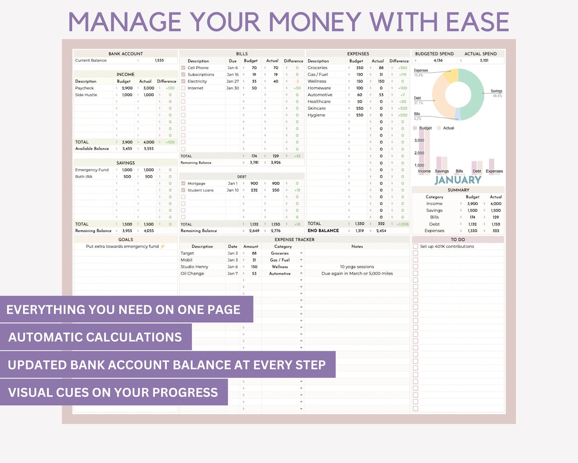 Monthly BANK ACCOUNT Budget Expense Tracker Google Sheets Spreadsheet ...