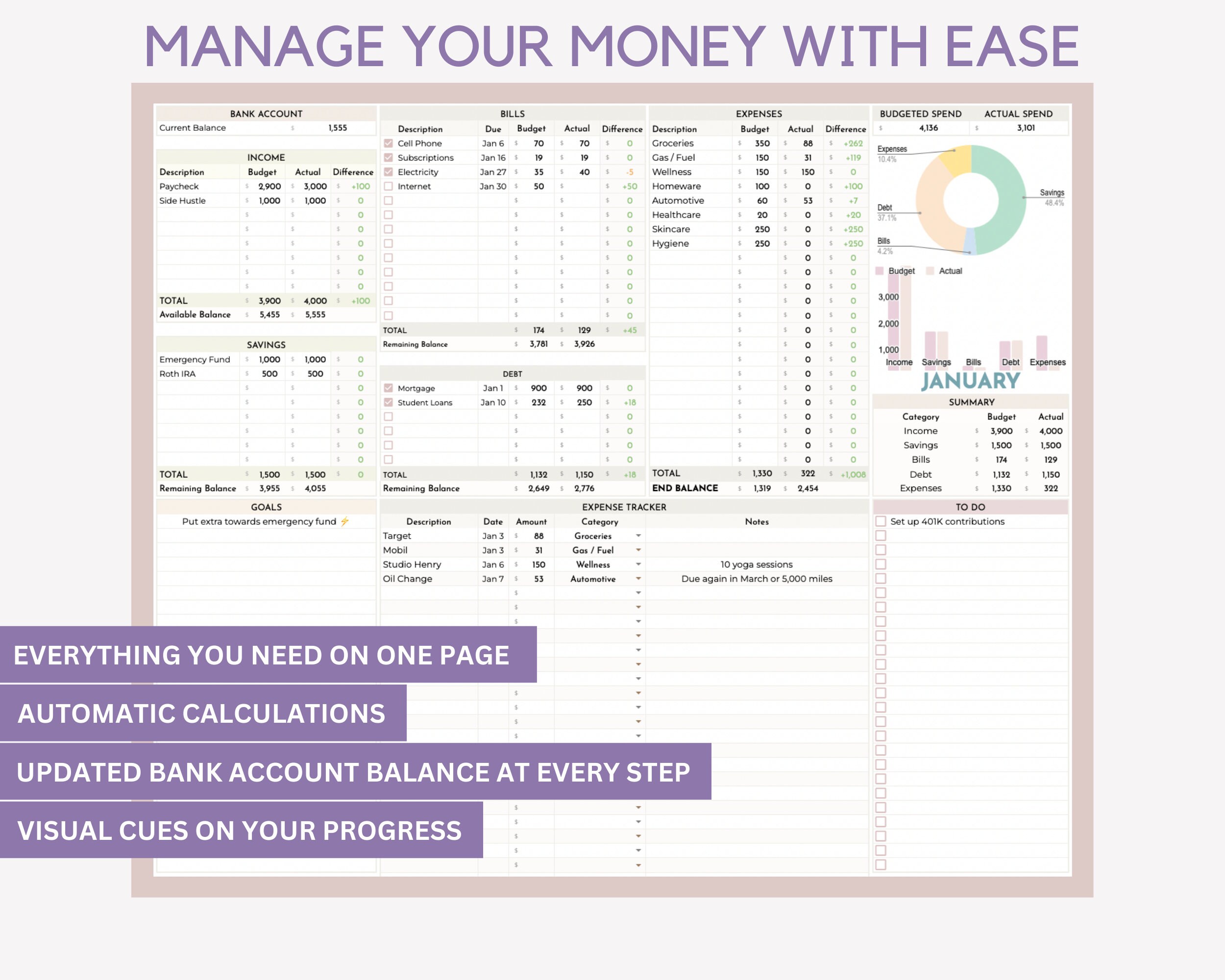 Monthly BANK ACCOUNT Budget Expense Tracker Google Sheets Spreadsheet ...