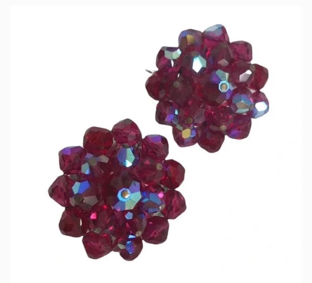 Vintage Laguna Ruby Red Purple Aurora Borealis Cluster Bead Clip-on ...