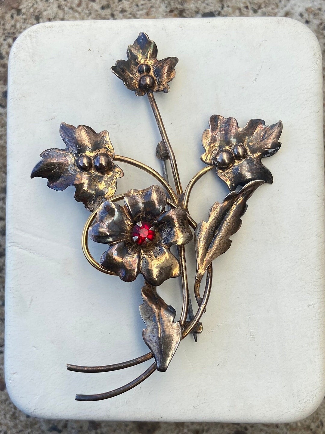 Vintage Large 12k Gold Filled Flower Brooch With Garnet Red Rhinestone ...