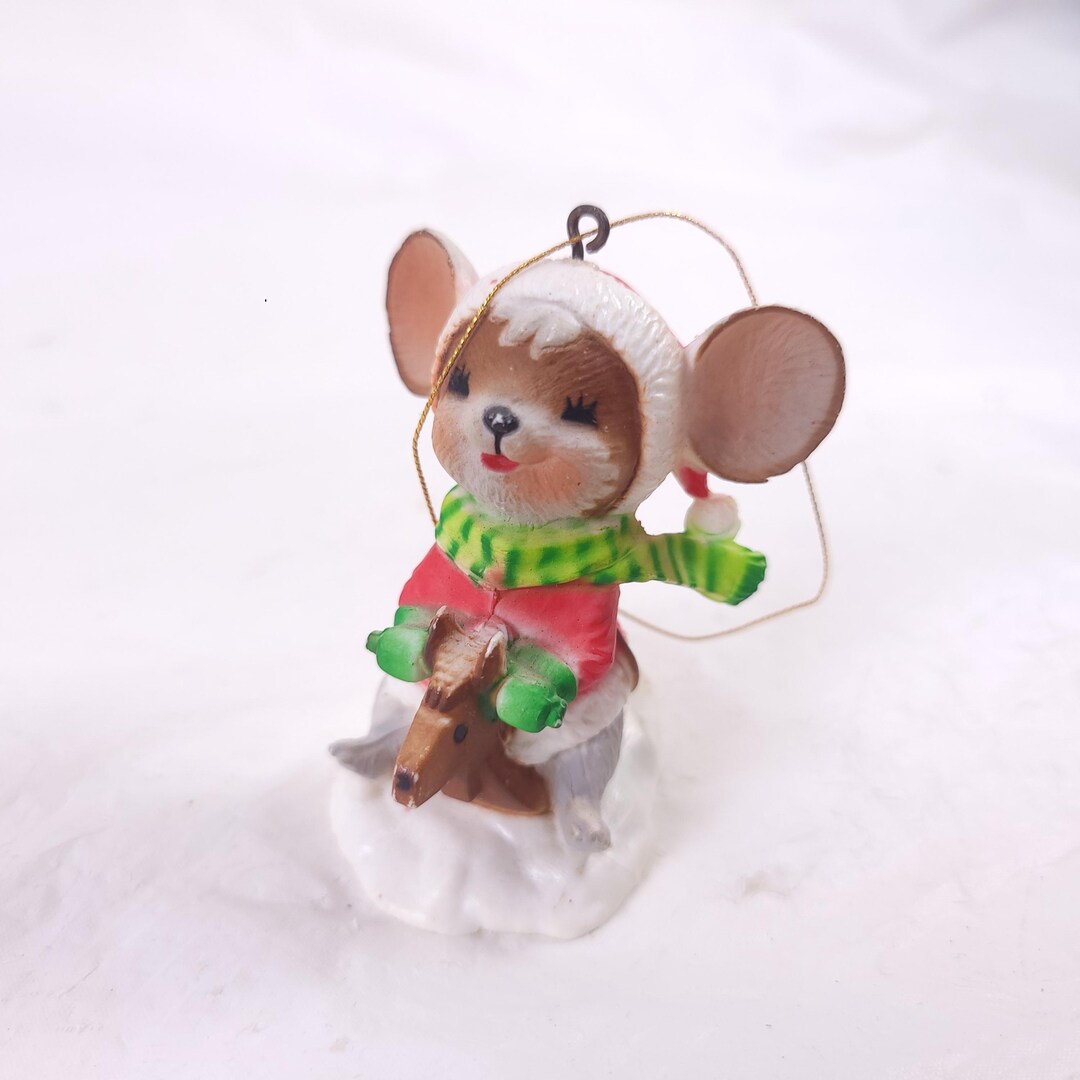 Vintage Mouse on Horse Sled Sledding Plastic Ornament Christmas Holiday ...