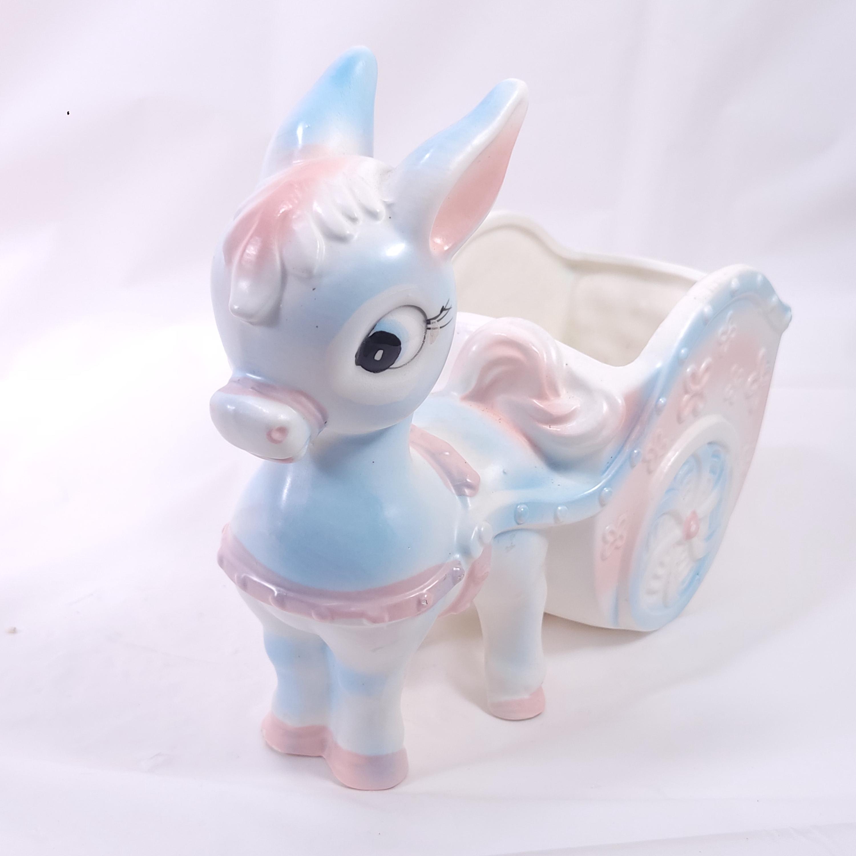 Inarco Ceramic Kitschy Donkey Pulling Cart Planter Baby Shower Blue ...