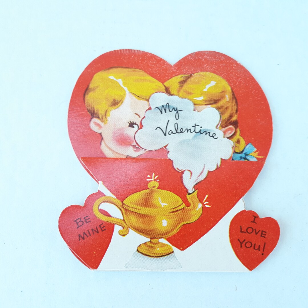 Girl and Boy With Genie Lamp Wishing for Valentine Card Vintage Hearts ...