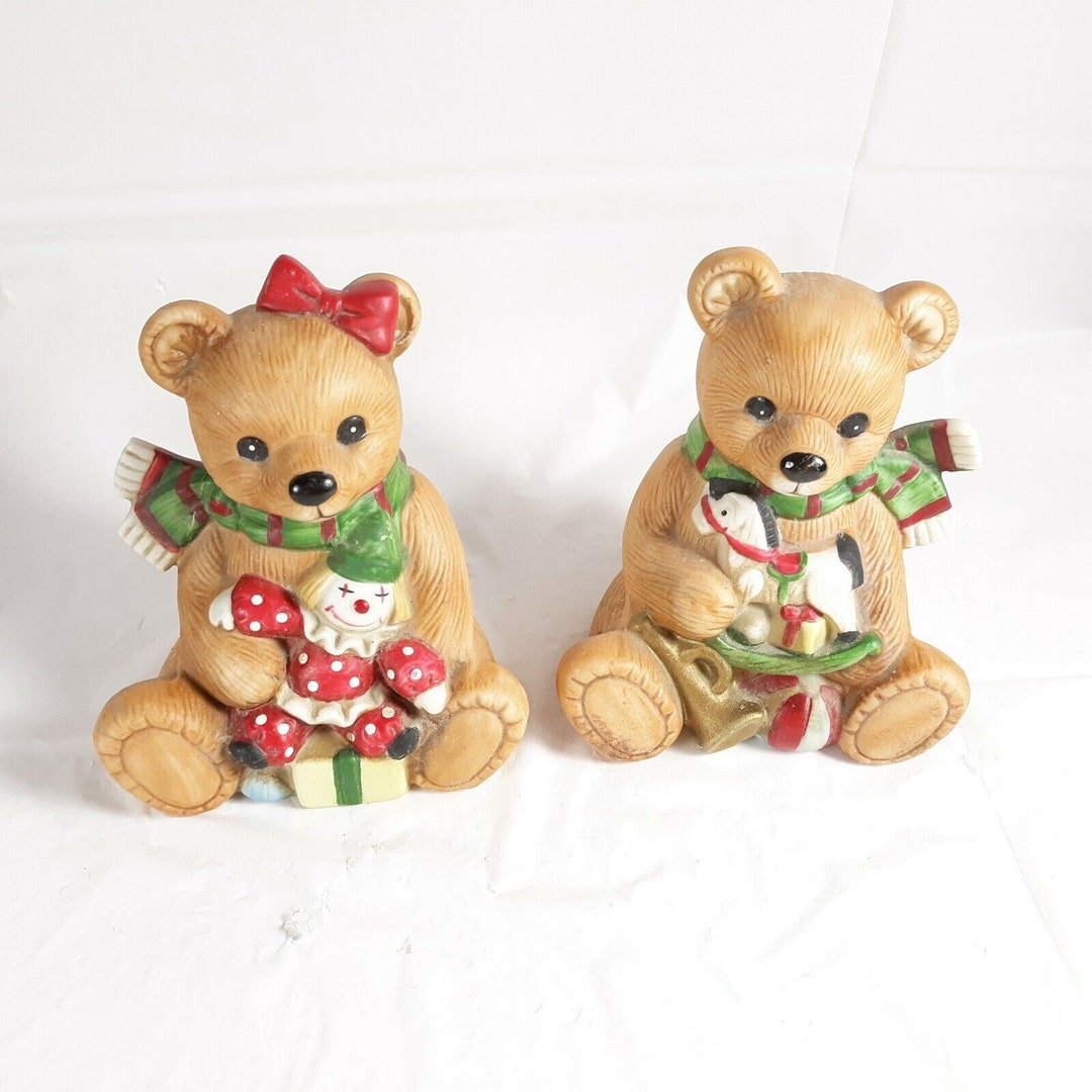 Homco 5251 Bears Couple Christmas Holiday Figurines Holding Clown Horse ...