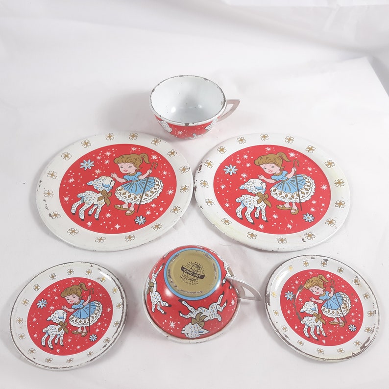 Vintage 1950s Ohio Art Tin Litho Tea Cups Plates Mary Had A Little Lamb ...