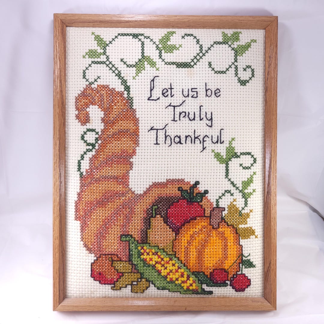 Vintage Framed Cornucopia Thanksgiving Cross Stitch Embroidery Yarn Art ...