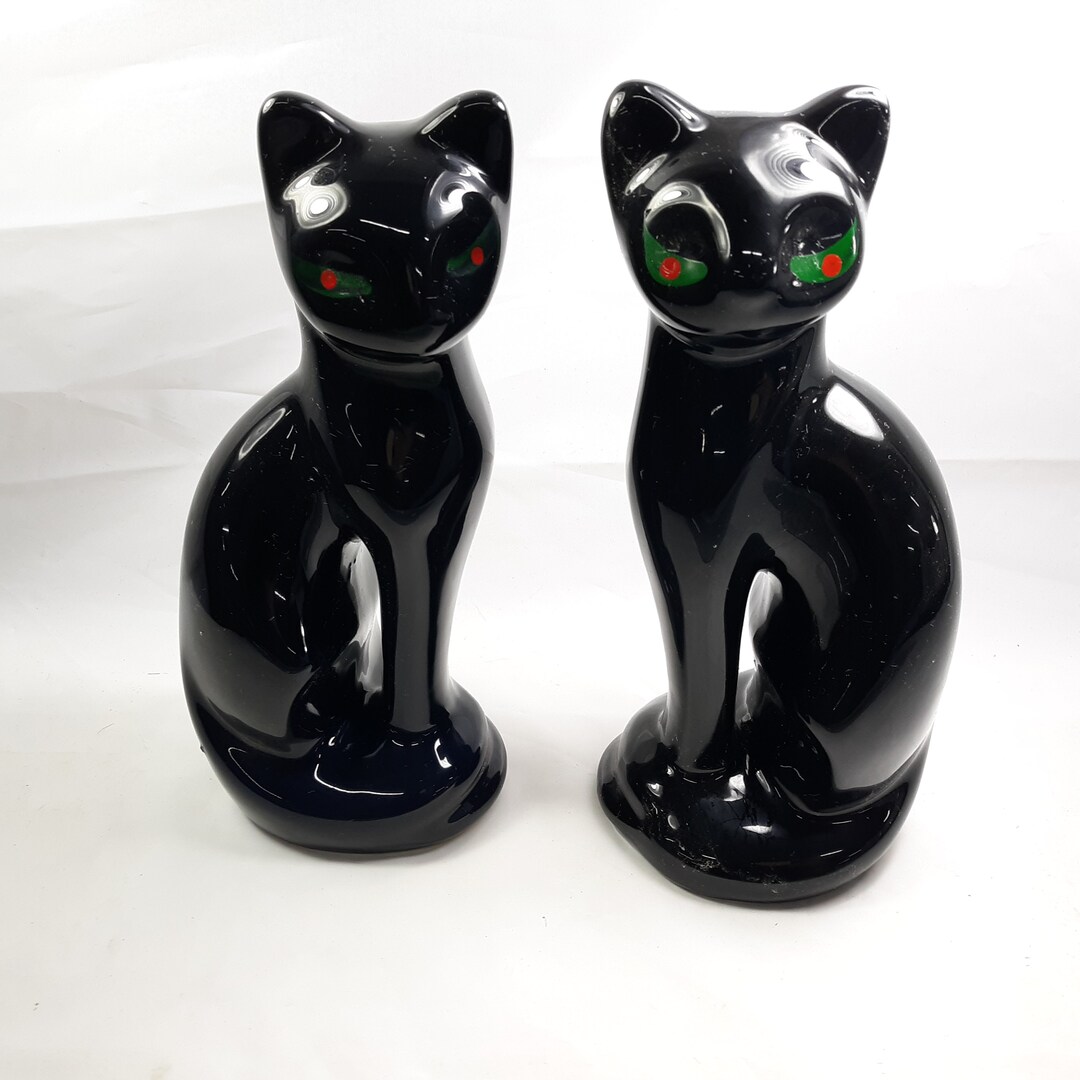VTG MCM Glossy Ceramic Seated Black Cats Red Green Eyes Statue ...