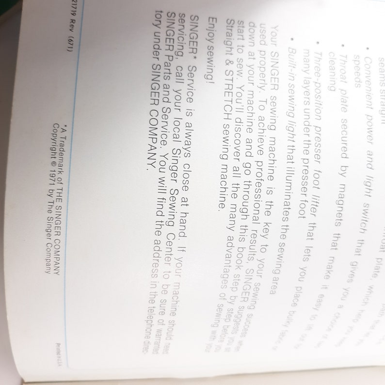1971 Singer Model 719 Straight and Stretch Sewing Machine Instruction ...