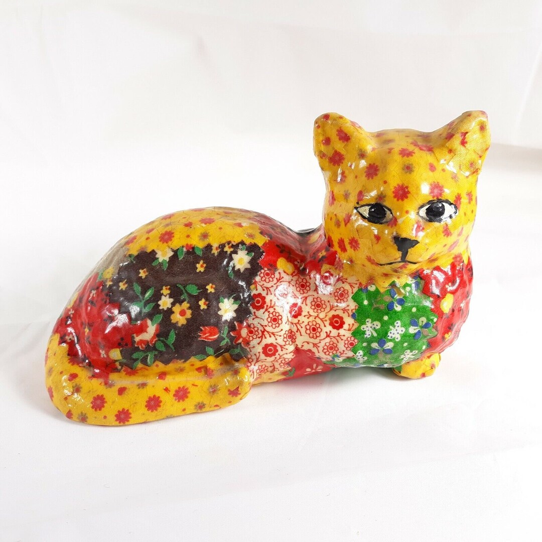 Decoupaged Cat Funky Floral Figurine Vintage - Etsy