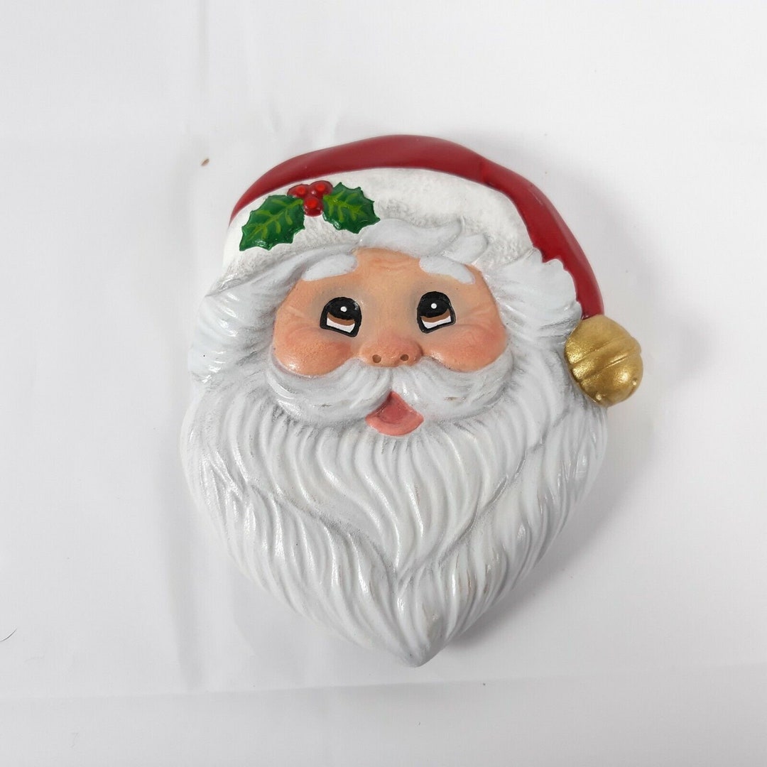 Santa Head Figurine Ceramic Flat Hand Painted Christmas Holiday Decor ...