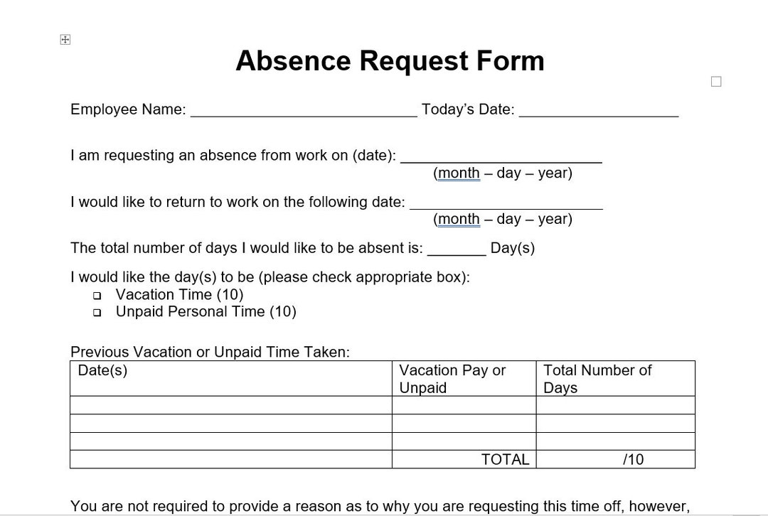 Absence Request Form - Generic - Etsy