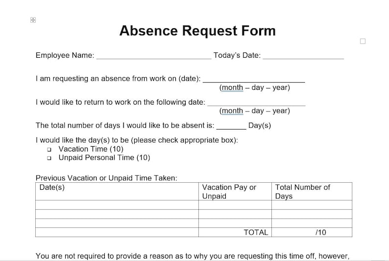Absence Request Form - Generic - Etsy