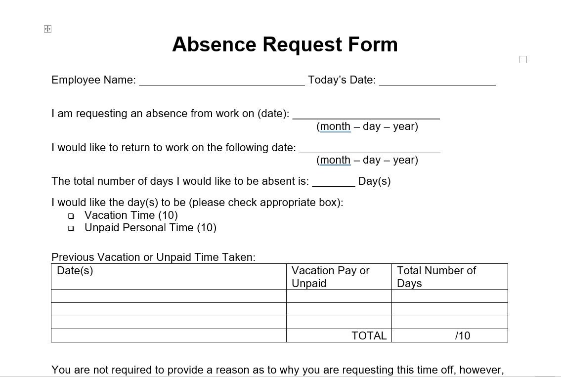 Absence Request Form - Generic - Etsy