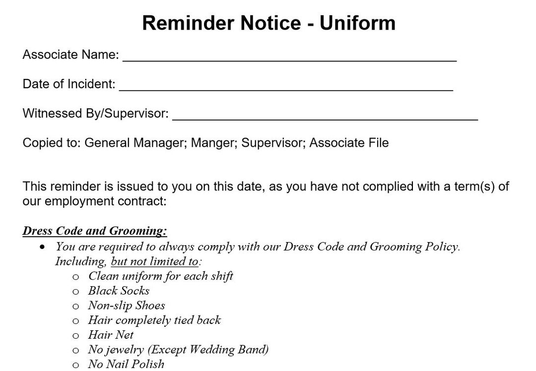 Written Policy Infraction/reminder Notice Uniform - Etsy