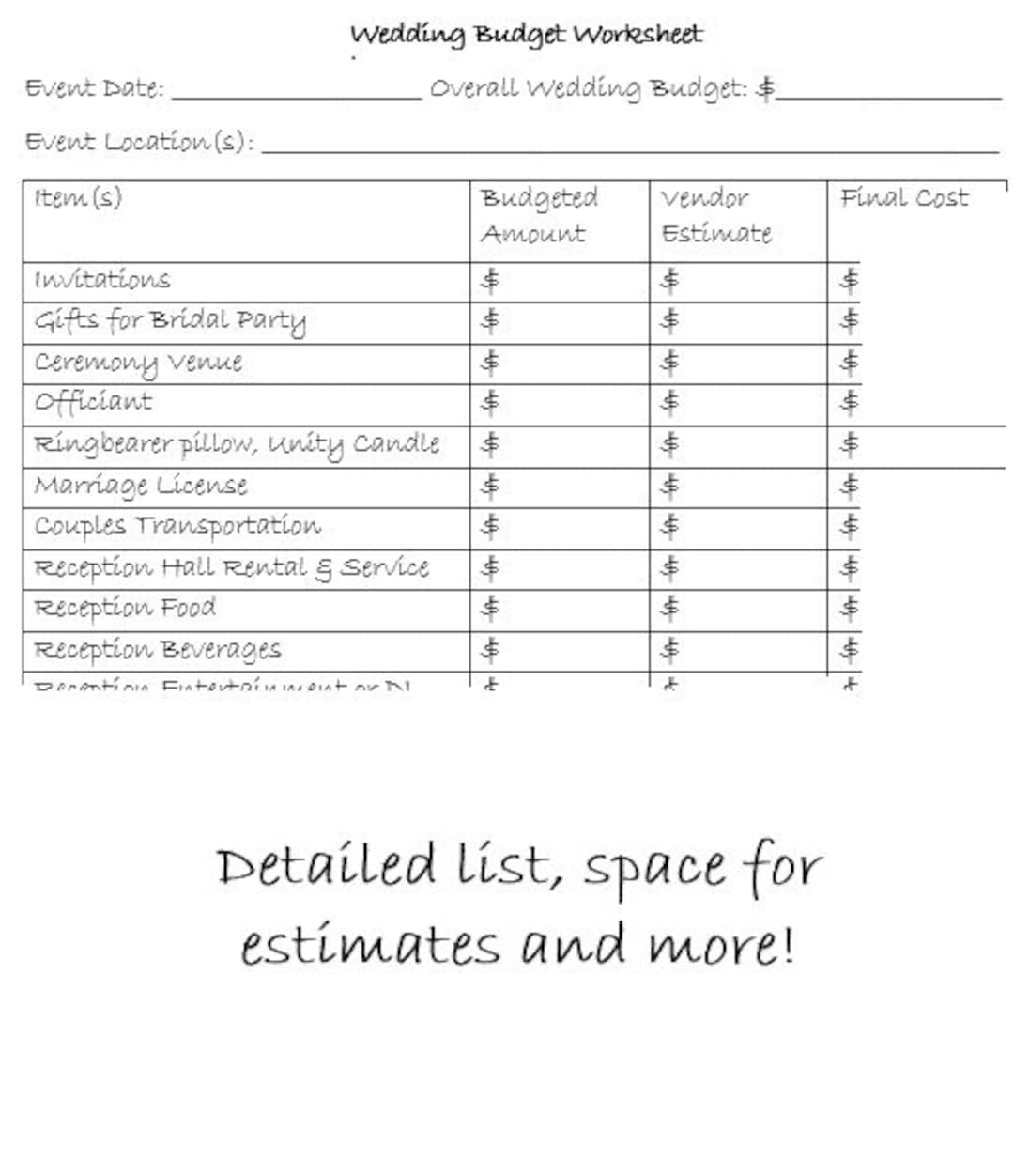 Wedding Budget Worksheet - Etsy