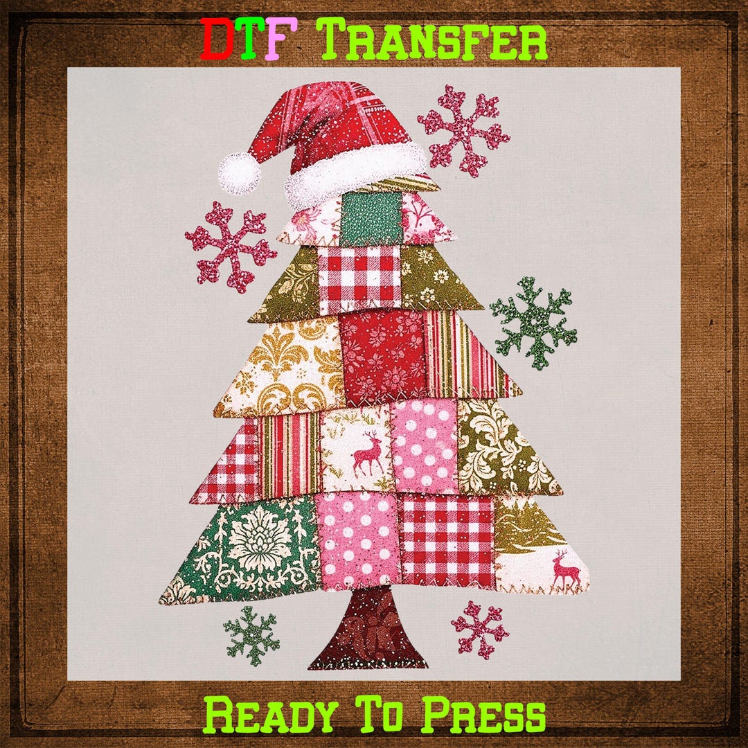 Patchwork Christmas Tree DTF Transfer Ready to Press, Holiday Design ...