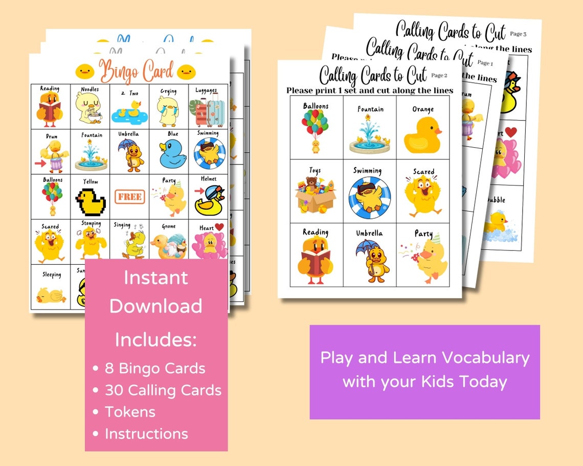 Duckie Bingo for Kids, 30 Printable Bingo Cards, Rubber Duck Bingo ...