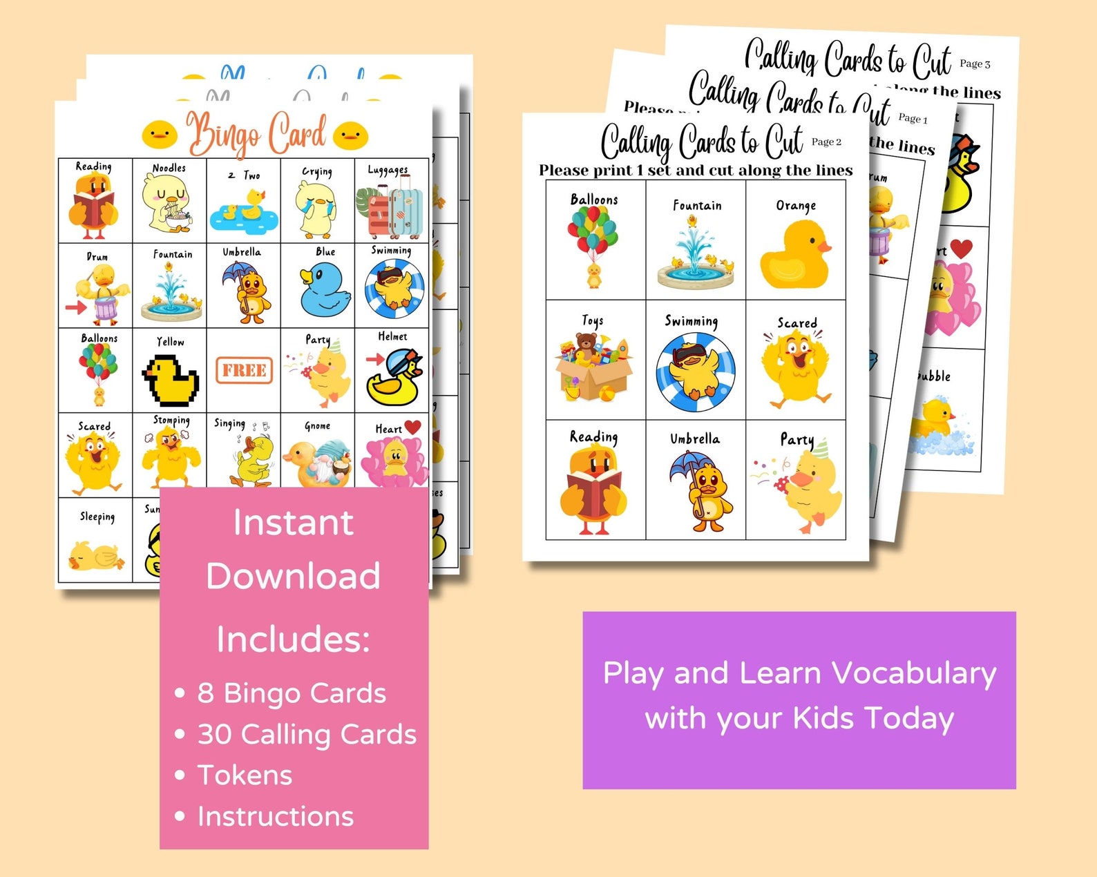 Duckie Bingo for Kids, 30 Printable Bingo Cards, Rubber Duck Bingo ...