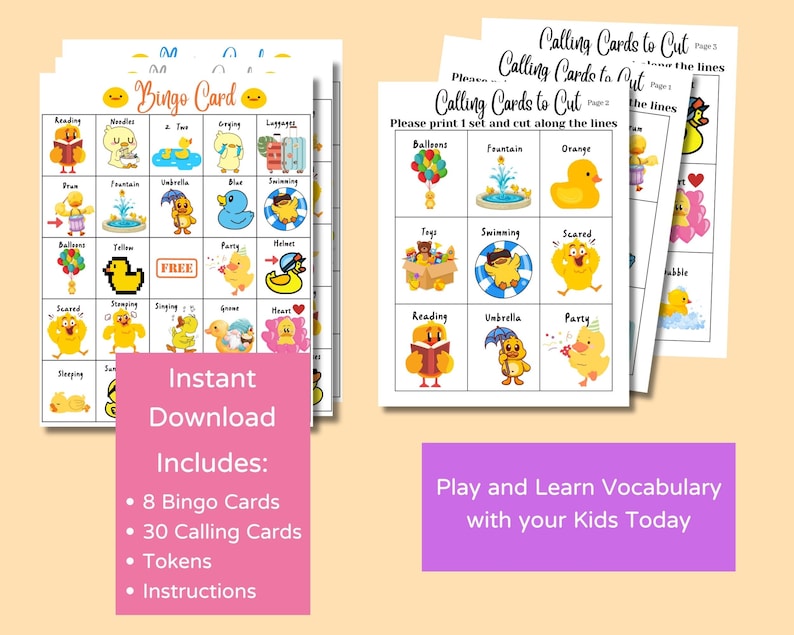 Duckie Bingo for Kids, 30 Printable Bingo Cards, Rubber Duck Bingo ...