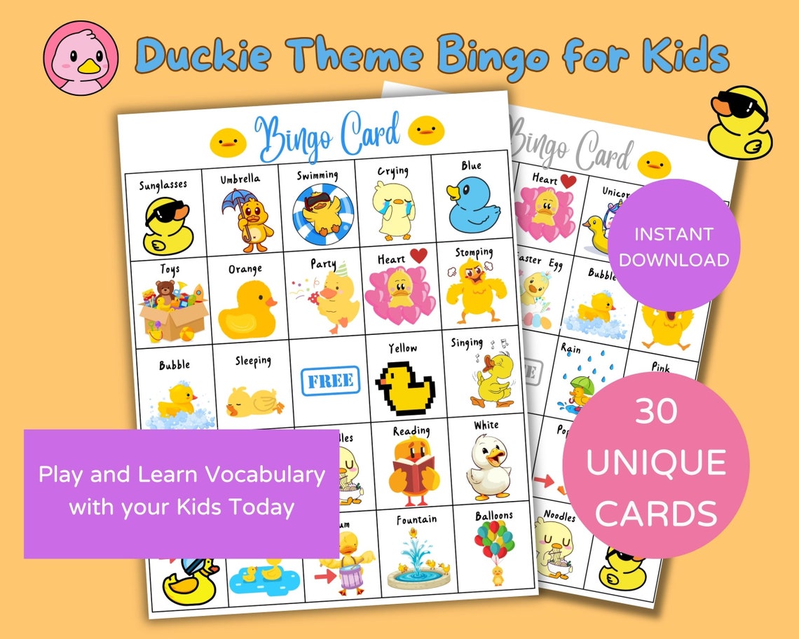Duckie Bingo for Kids, 8 Printable Bingo Cards, Rubber Duck Bingo, 30 ...