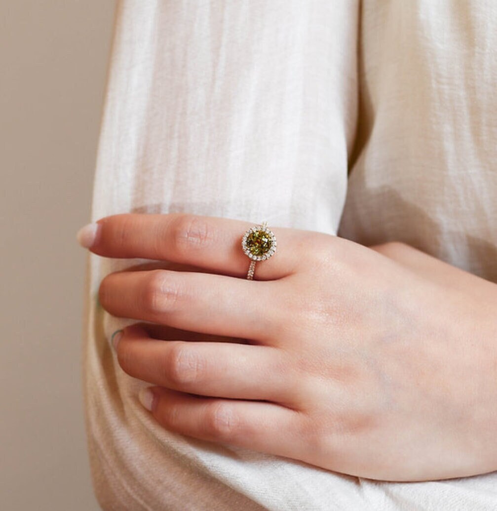 14k Peridot Ring-halo Peridot Ring-round Peridot Ring-sterling Silver ...