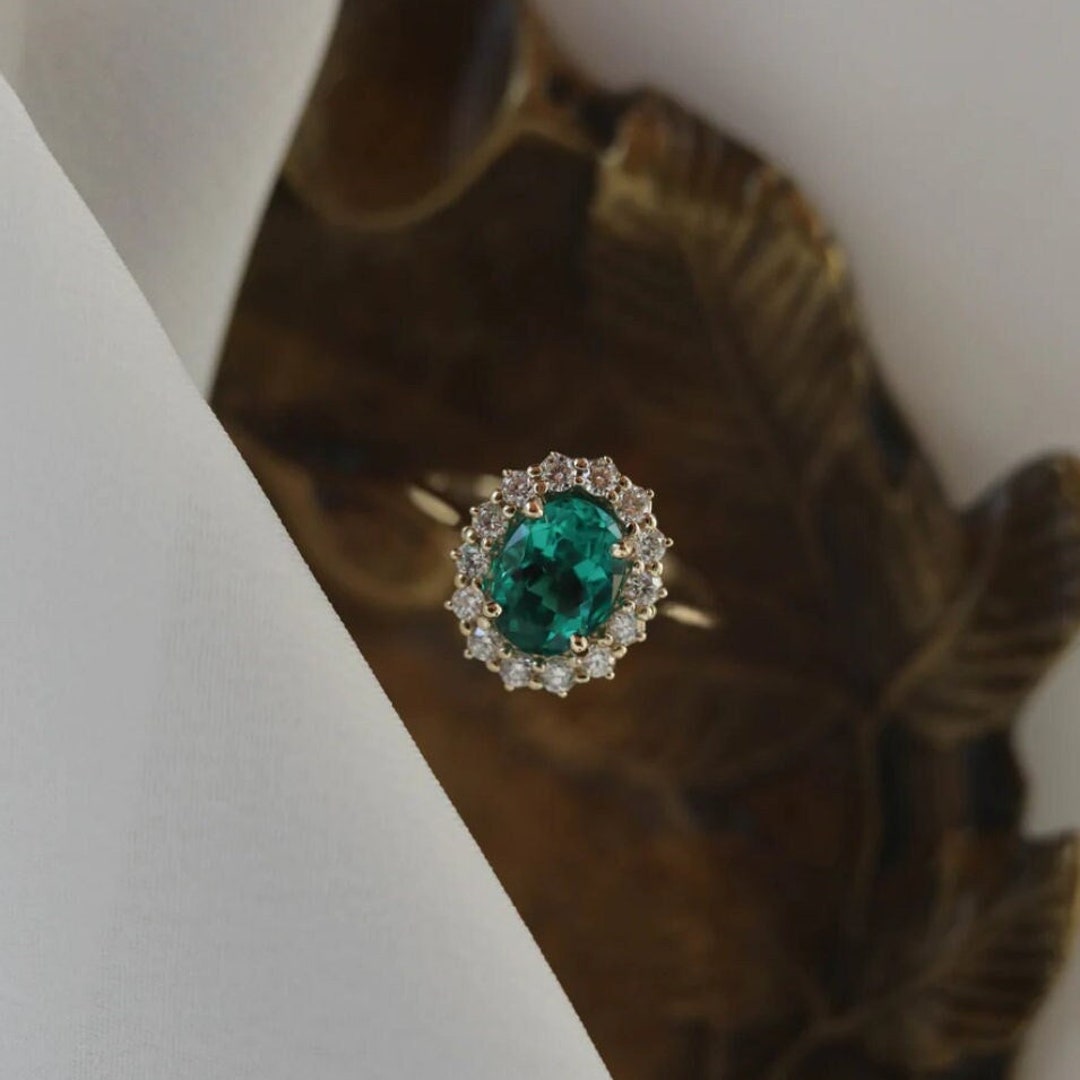 14k Gold Emerald Engagement Ring-round Emerald Ring-wedding Band-halo ...