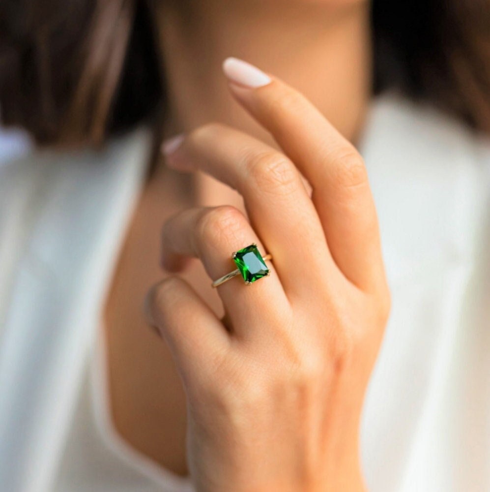 Natural Emerald Ring-emerald Cut Emerald Ring-stackable Ring-solitaire ...