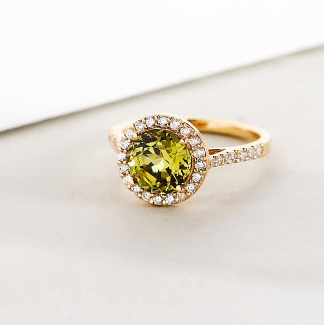 14k Peridot Ring-halo Peridot Ring-round Peridot Ring-sterling Silver ...