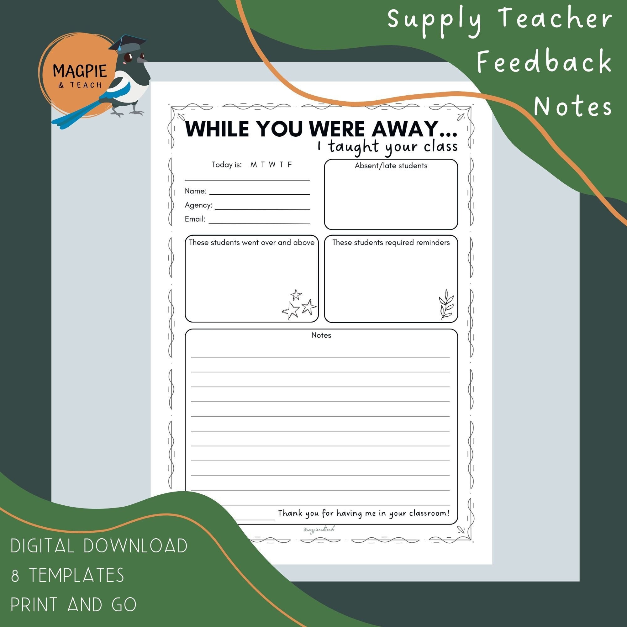 Supply Teacher Feedback Template | Substitute End of the Day Report ...