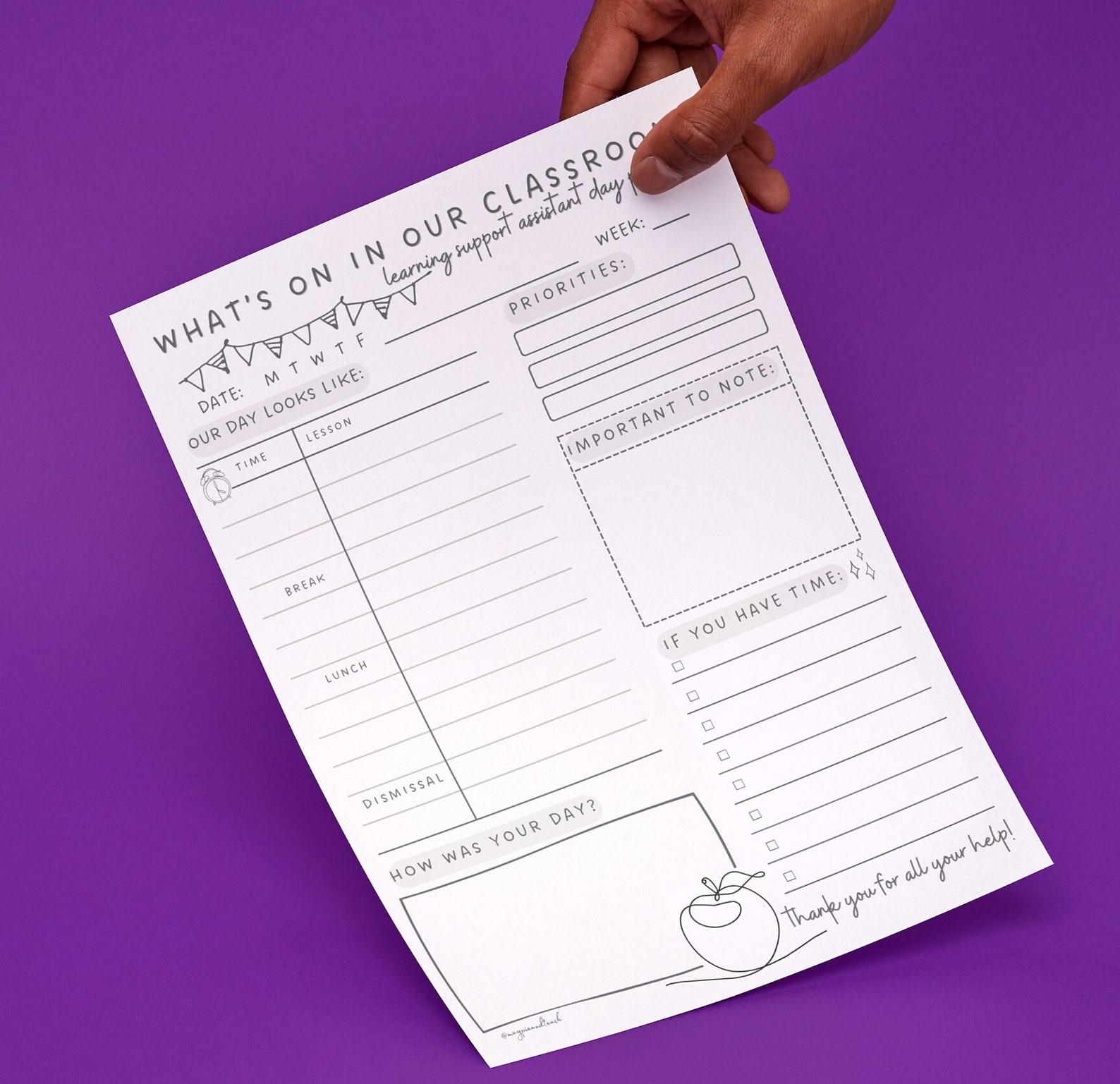 Teacher Assistant Planner | Classroom Day at A Glance | School ...