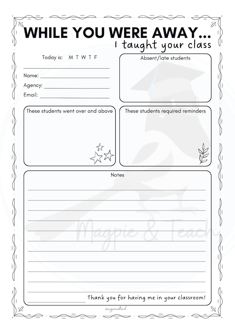 Supply Teacher Feedback Template | Substitute End of the Day Report ...