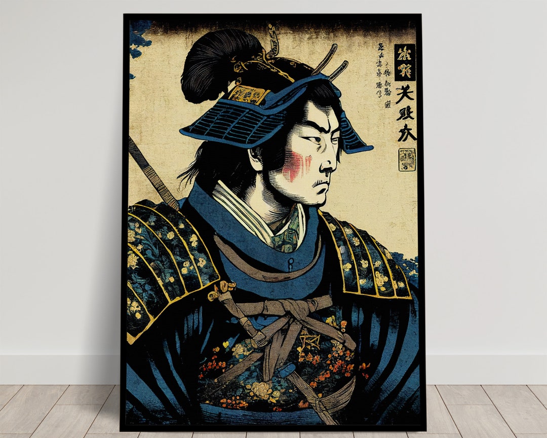 Samurai Wall Poster With Blue Armor, Illustration Japanese Art Style ...
