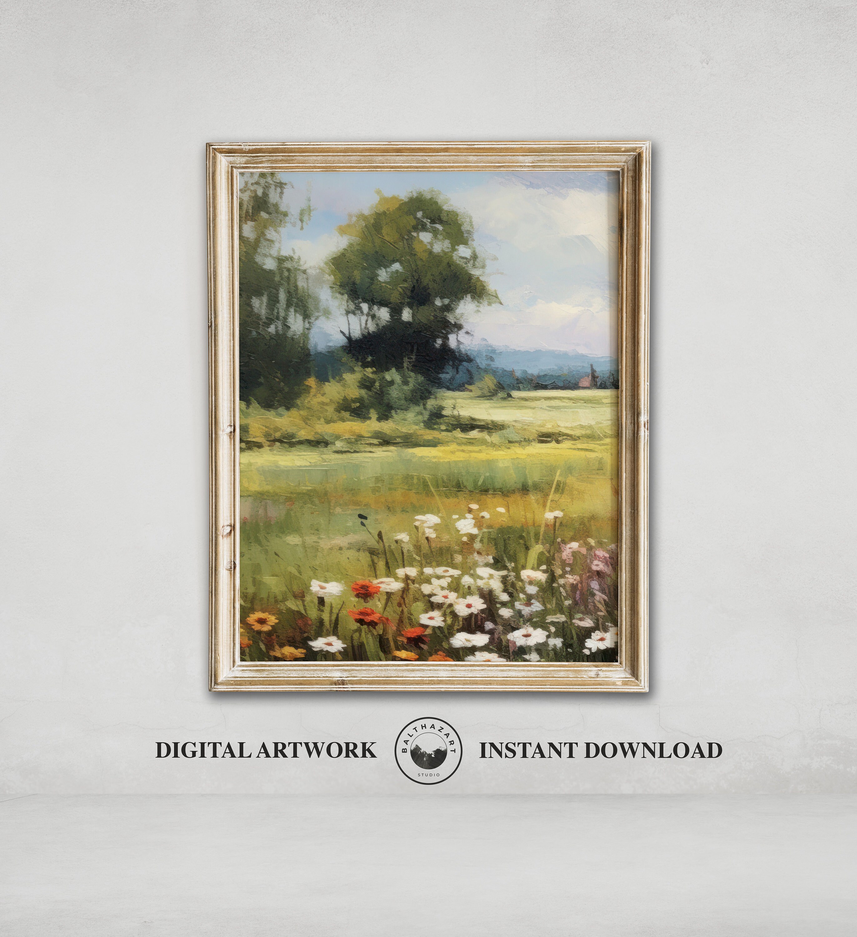 Trio of Printable Oil Paintings: Wildflowers Field Landscape, Vintage ...