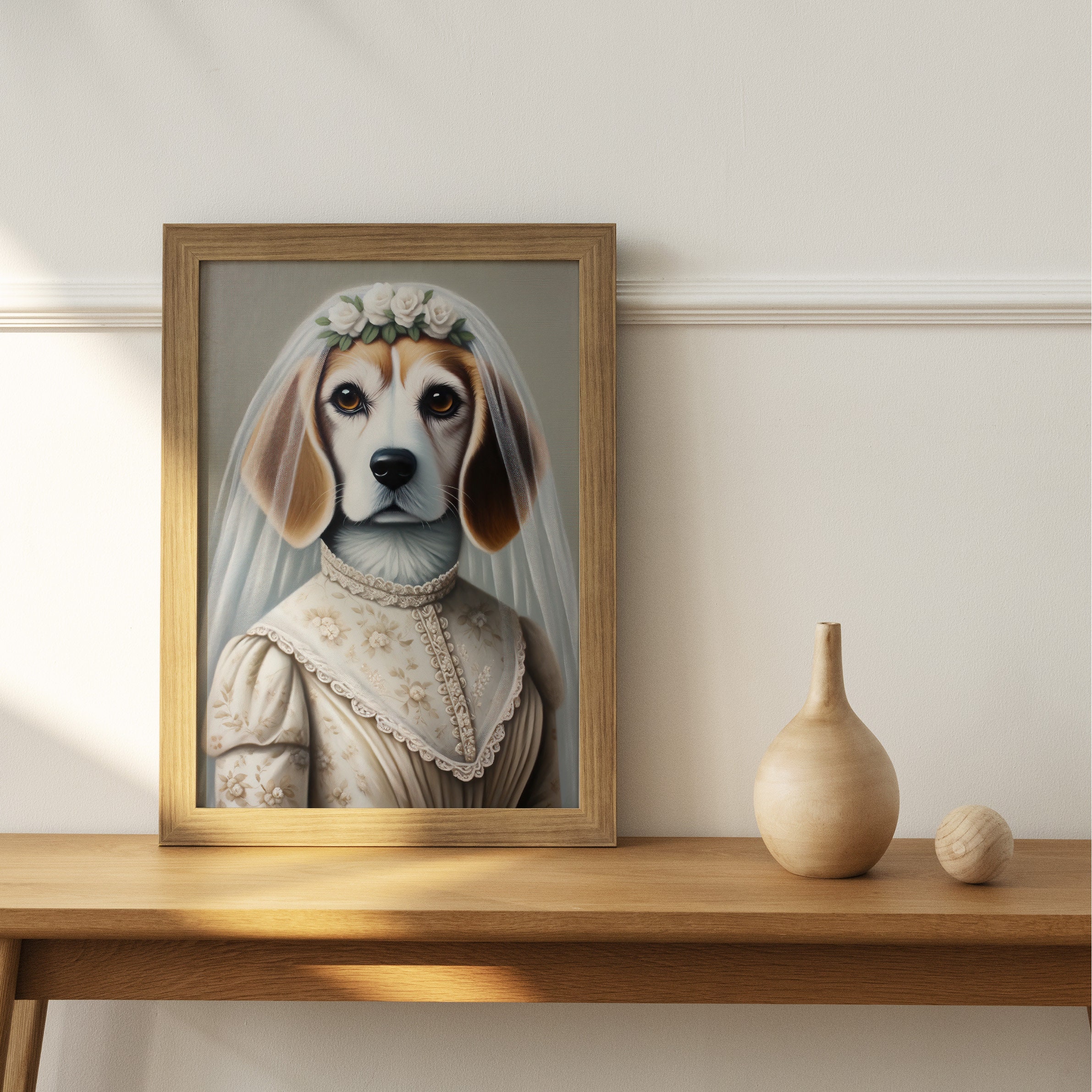 Portrait of a Beagle Wearing a Wedding Dress, Animal Wall Decor, Beagle ...